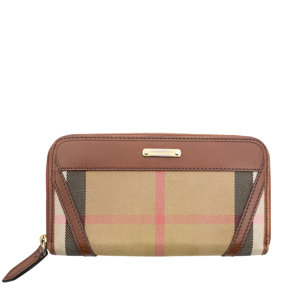 Burberry House Check Brown Leather Zip Around Wallet